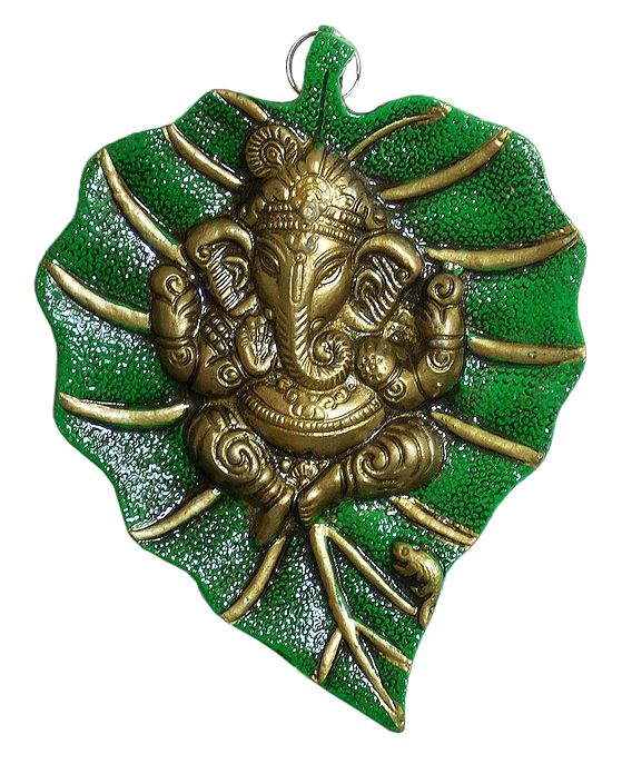 Ganesha on Green Leaf - White Metal Sculpture
