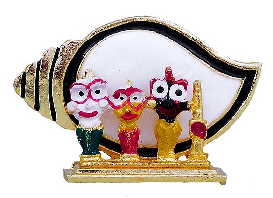 Jagannath, Balaram, Subhadra in Front of Conch