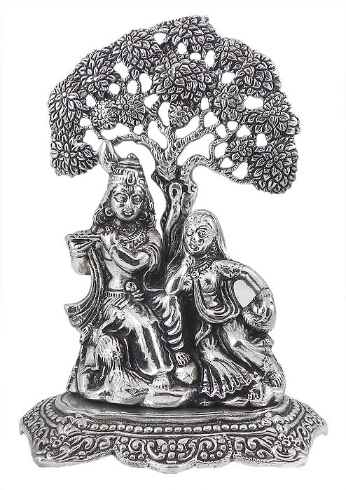 Radha Krishna Under Tree - White Metal Statue