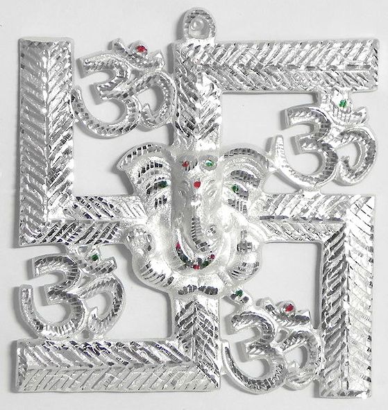 Ganesha on Swastika and Aum (Auspicious Hindu Symbols) - Wall Hanging
