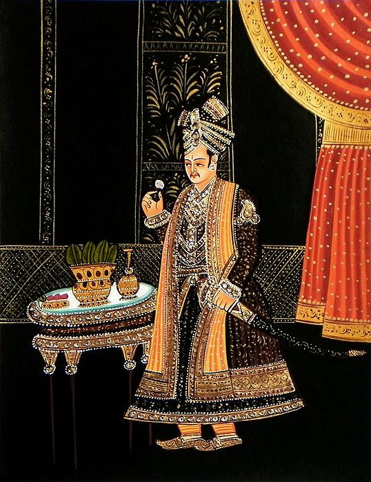 Stone Studded Miniature Painting of Rajput King - 14 x 10.5 inches