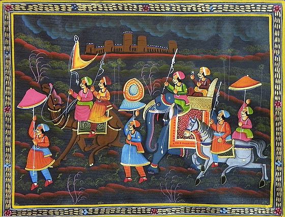 King Riding on Elephant - Miniature Painting on Silk