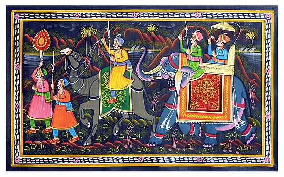 King Riding on a Elephant - Miniature Painting