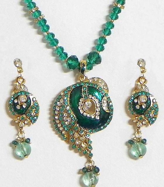 Cyan and White Stone Studded Crystal Bead Necklace with Earrings