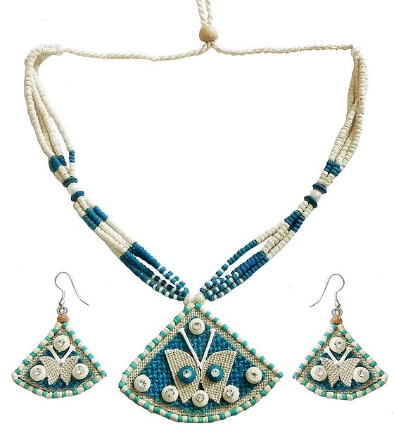 Cyan Blue and White Bead Necklace with Pendant and Earrings