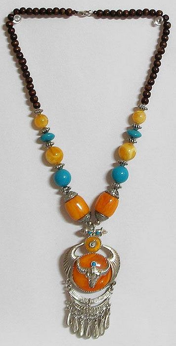 Amber Yellow, Cyan and Yellow Stone Bead Tibetan Necklace with Horn and ...