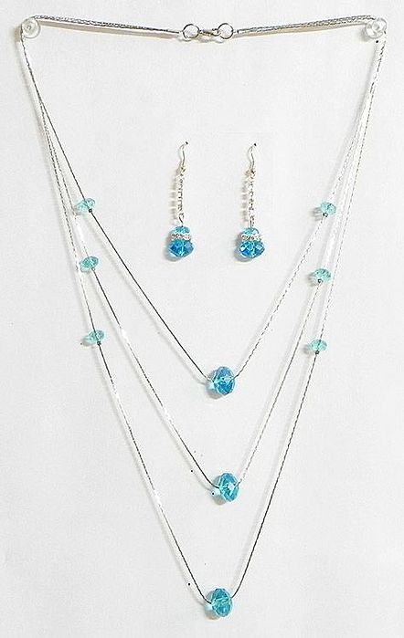 Cyan Blue Crystal Bead Three Layer Necklace
