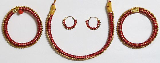Dark Red Thread with Golden Beads Necklace, Bracelet and Earring Set