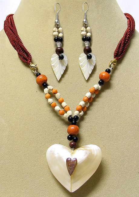 Five String Red Silk Cord and Wooden Bead Necklace with Shell Pendant ...