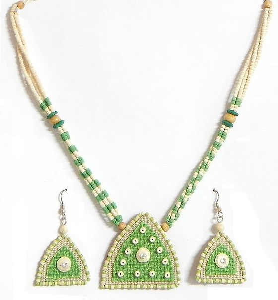 Light Green and Light Beige Bead Necklace with Jute Pendant and Earrings