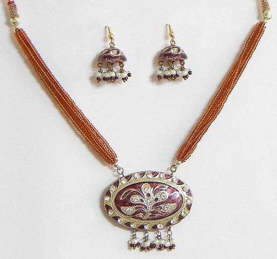 Rust Color Bead Meenakari Necklace with Earrings