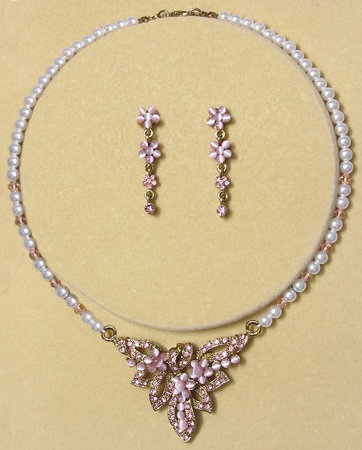 Necklace with Pink Stone Setting Pendant and Earring Set