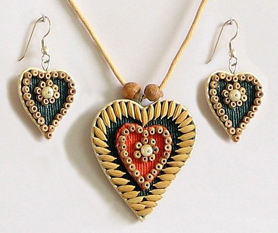 Off White Corded Green and Saffron Heart Pendant and Earrings Decorated ...