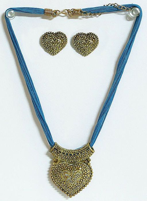 Cyan Cord Necklace with Carved Heart Shaped Oxidized Metal Pendant and ...