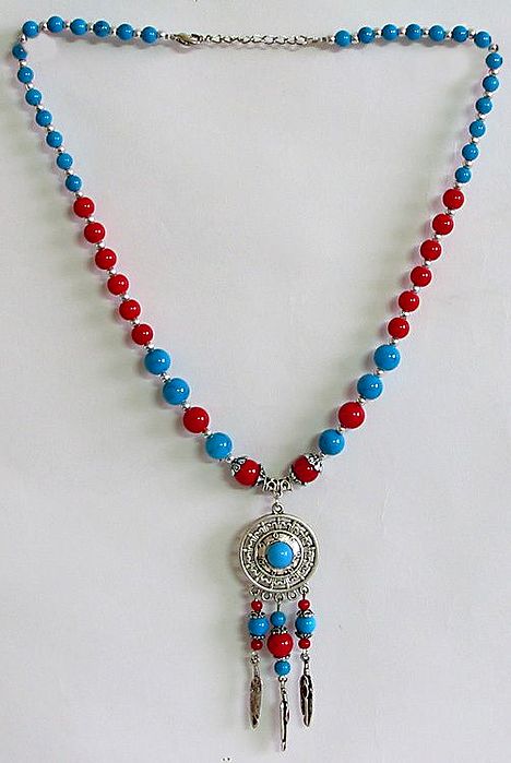 Red and Black Bead Necklace with Round Pendant