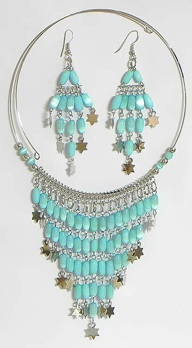 Cyan Blue Beaded Spring Necklace with Jhalar Pendant and Earrings