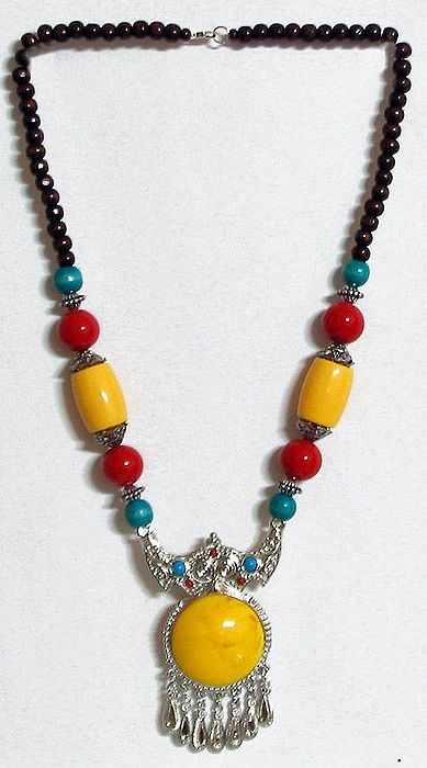 Yellow, Red and Cyan Color Stone Bead Tibetan Necklace with Stone Round ...