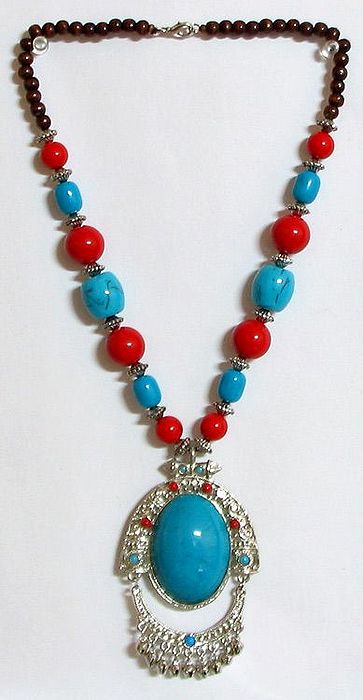 Cyan and Red Color Stone Bead Tibetan Necklace with Oval Stone Pendant
