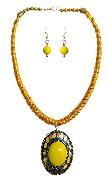 Yellow Threaded Tibetan Necklace and Earrings