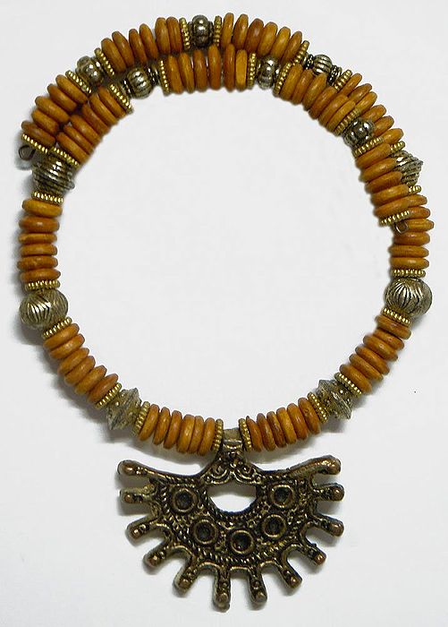 Chrome Yellow and Golden Wheel Bead Spring Necklace