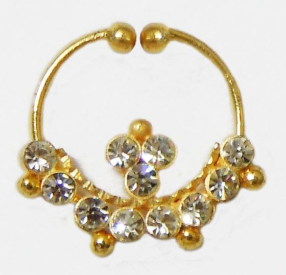 White Stone Studded and Gold Plated Non Piercing Nose Ring