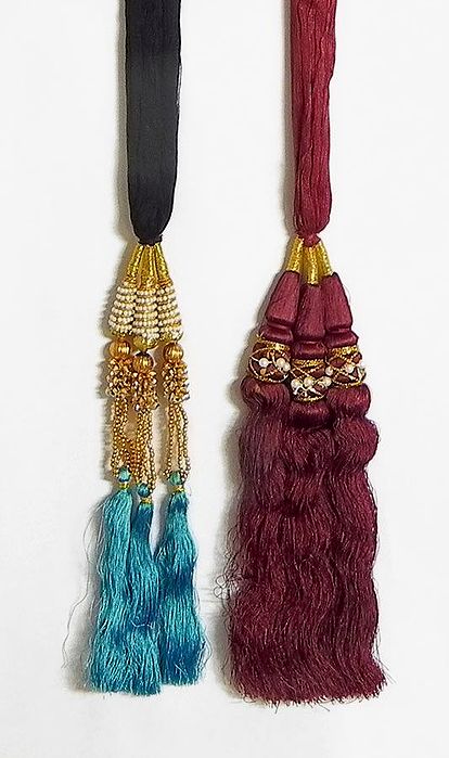 A Pair of Parandi - For Hair Braids with Cyan Blue and Maroon Tassels