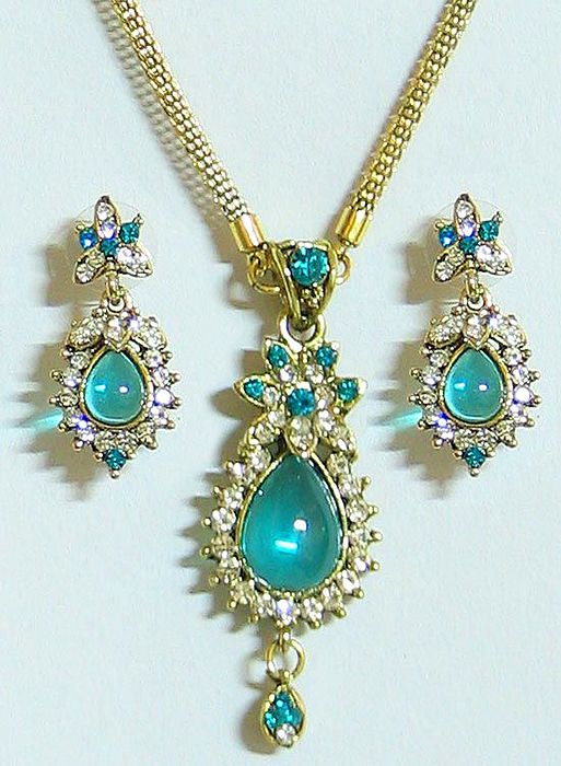 Cyan Stone Studded Pendant with Chain and Earrings