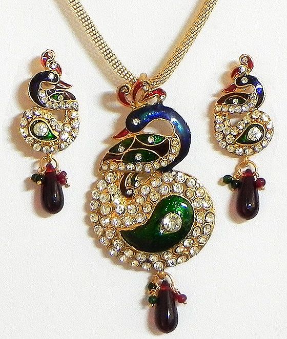 Gold Plated Jali Chain with Meenakari Peacock Pendant and Earrings