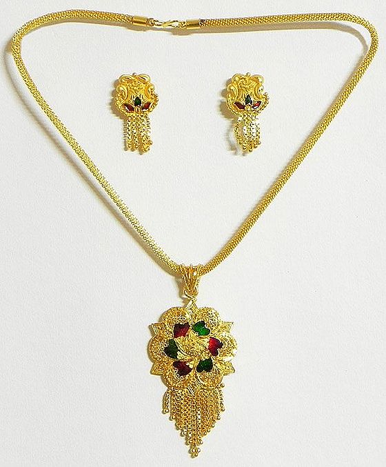 Gold Plated Jali Chain with Meenakari Heart Pendant and Earrings