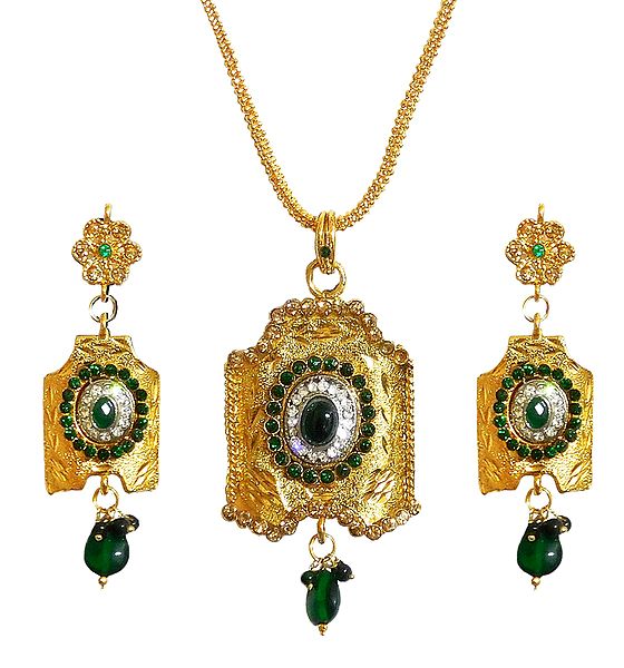 Gold Plated Jali Chain with Pendant and Earrings