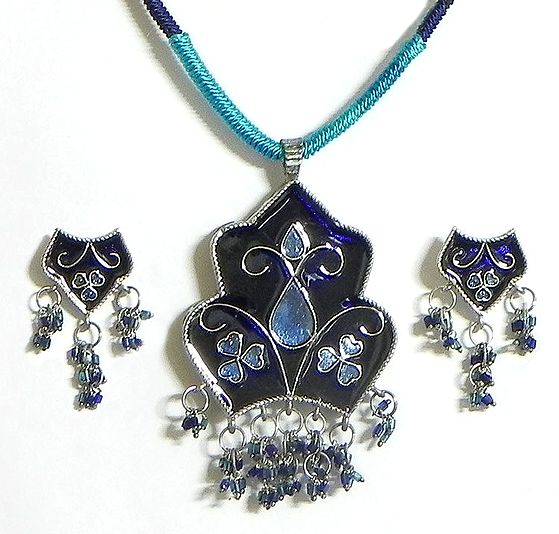 Blue Laquered Pendant with Cyan Color Cord and Post Earrings