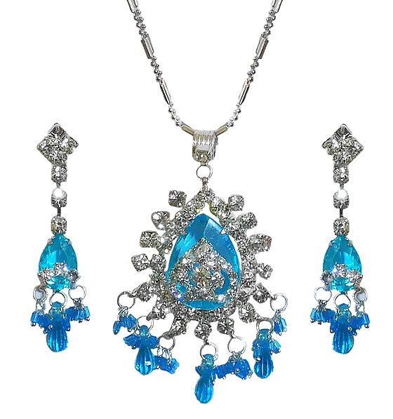 Cyan Blue Stone Studded Pendant with Chain and Earrings