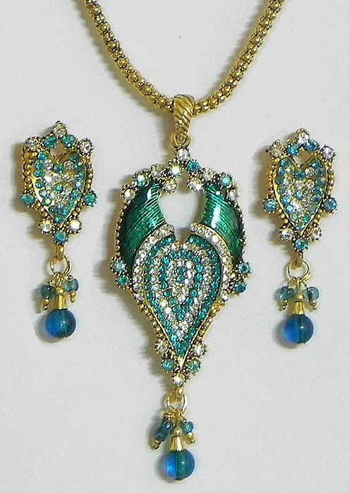 Light Cyan and White Stone Studded Pendant with Earrings