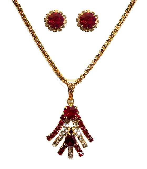 Red Stone Studded Pendant with Chain and Earrings