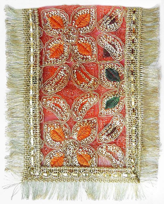 Embroidered Red Net Chunni with Zari and Sequin Work -5.5x15 inches