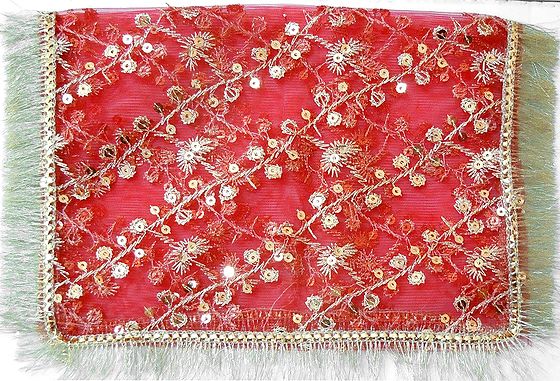 Red Net Chunni with Zari, Sequin Work - 11 x 30 inches