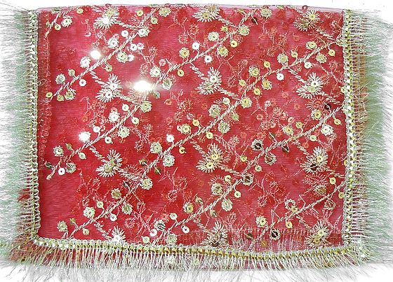 Embroidered Red Net Chunni with Zari, Sequin Work -10 x 30 inches