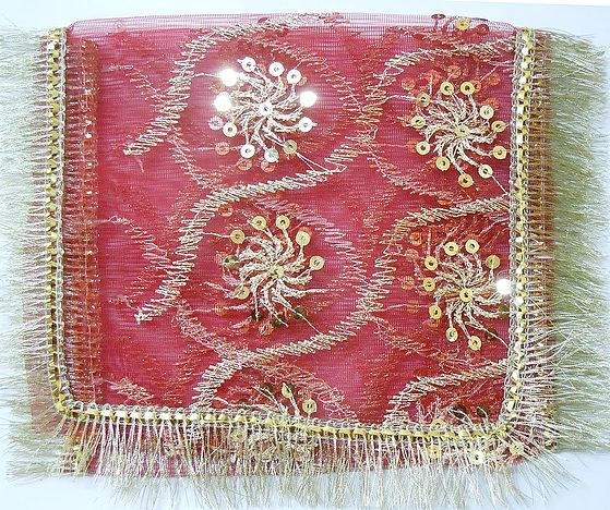 Embroidered Red Net Chunni with Zari, Sequin Work -7.5x19.5 inches
