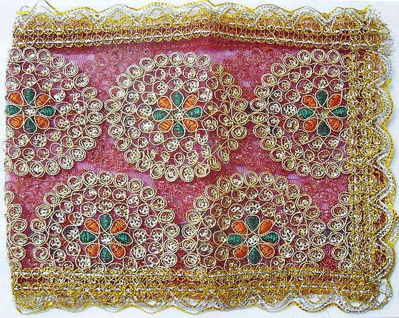 Embroidered Red Net Chunni with Zari, Sequin Work -7.5x19.5 inches