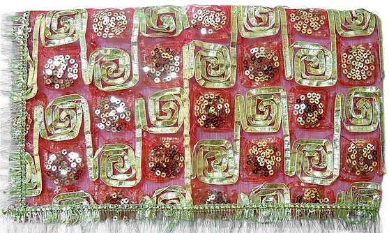 Red Net Chunni with Zari, Sequin Work -10 x 28 inches
