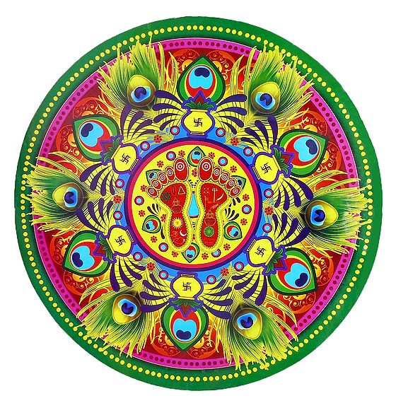 Charan and Peacock Feather Print on Sticker Rangoli - Dia - 17.5 in.