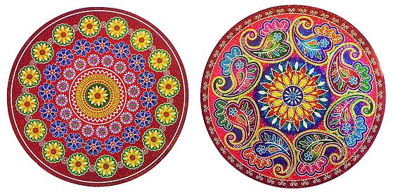 Pair of Glittered Colorful Sticker Rangoli Print on Paper