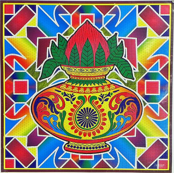 Rangoli Paper Sticker with Kalash, Coconut Print - 14 x 14 inches