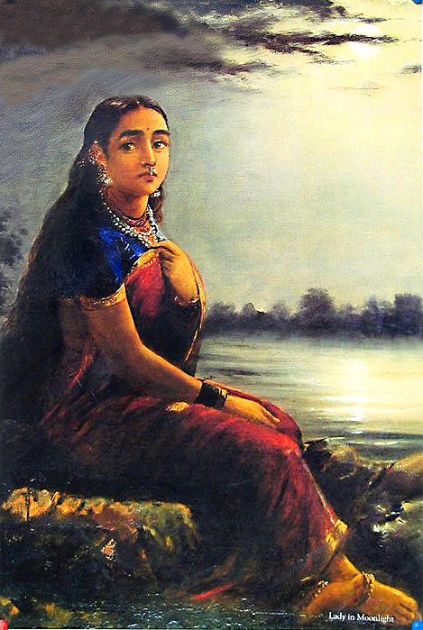 Lady in Moonlight - Raja Ravi Varma Painting Reprint
