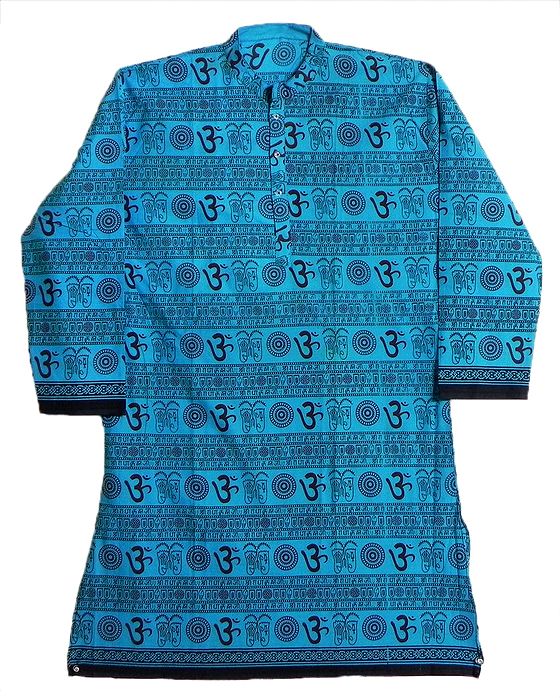 Dark Cyan Full Sleeve Long Cotton Kurta with Om Print - Size - M