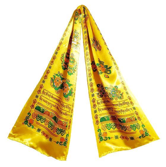 8 Buddhist Symbol Print on Yellow Satin Khada