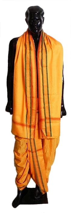 Pajama Type Saffron Dhoti and Angavastra with White Borderfor ...