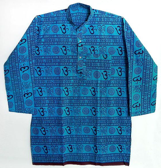 Full Sleeve Dark Cyan Long Kurta with Om, Charan and Radha Krishna Print