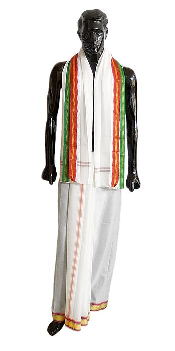 White Art Silk Lungi and Angavastra