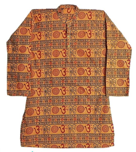 Saffron Full Sleeve Long Kurta with Radha Krishna, Charan and Om Print